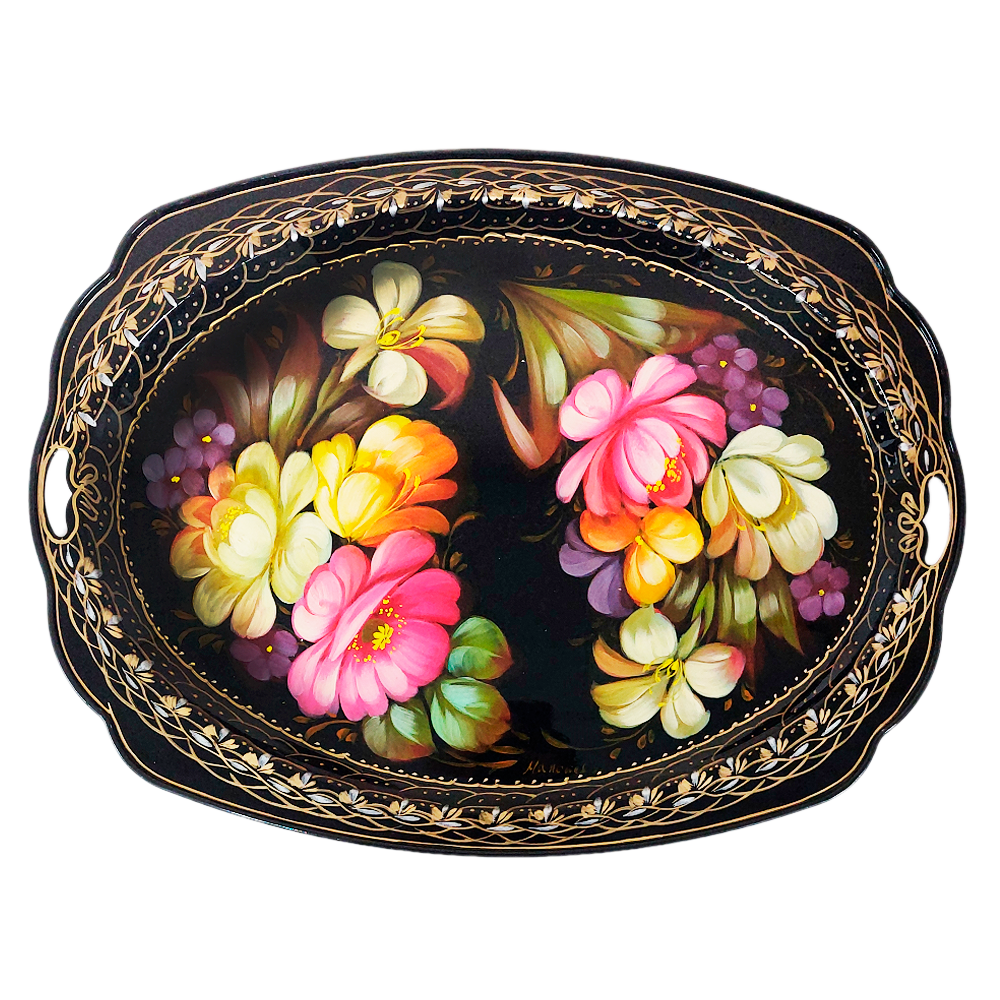 Поднос металлический, овальный, "Границы нежности", жостово 40/30см.