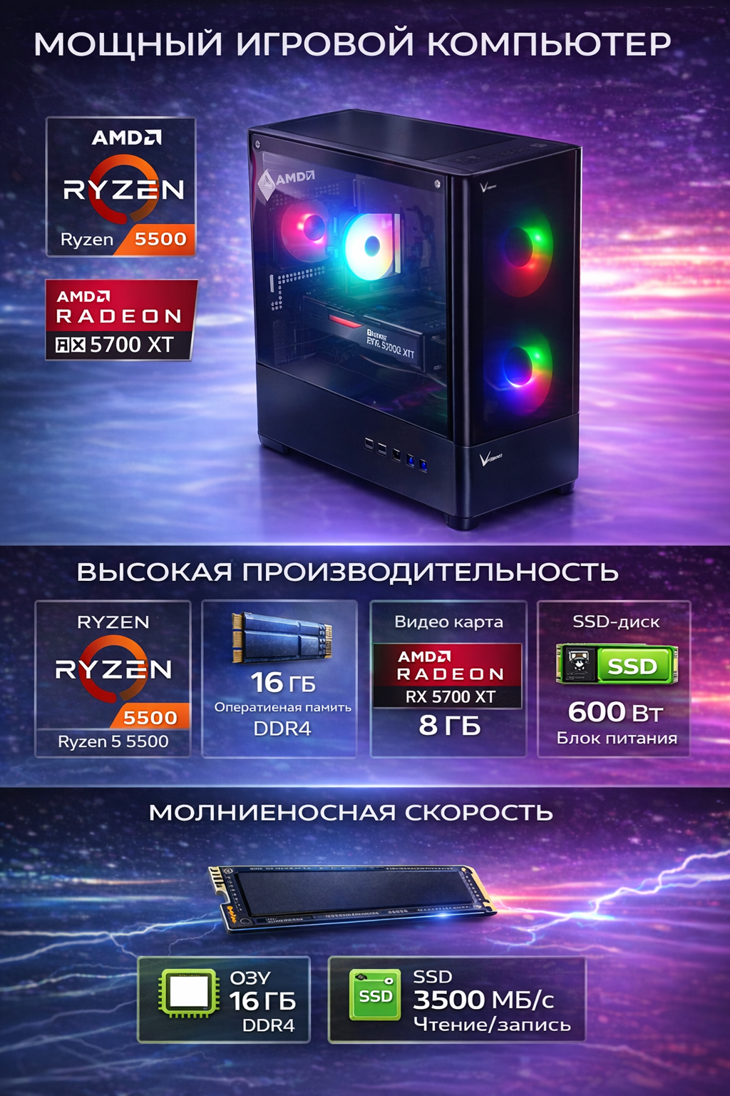 Игровой компьютер (AMD RYZEN 5 5500, rx 5700 xt, RAM 16 ГБ, SSD), черный