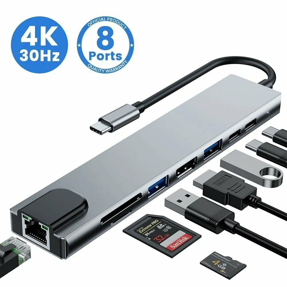 2025-ая версия usb hub 3.0 usb разветвитель 8 в 1 type c USB хабы усб хаб 4K hdmi rj45 TF+SD thunderbolt, для ноутбука пк macbook