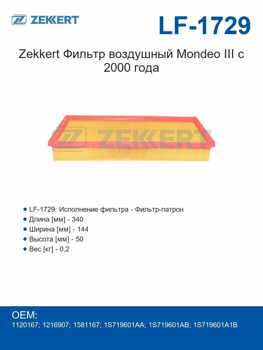 Zekkert Фильтр воздушный Mondeo III с 2000 года
