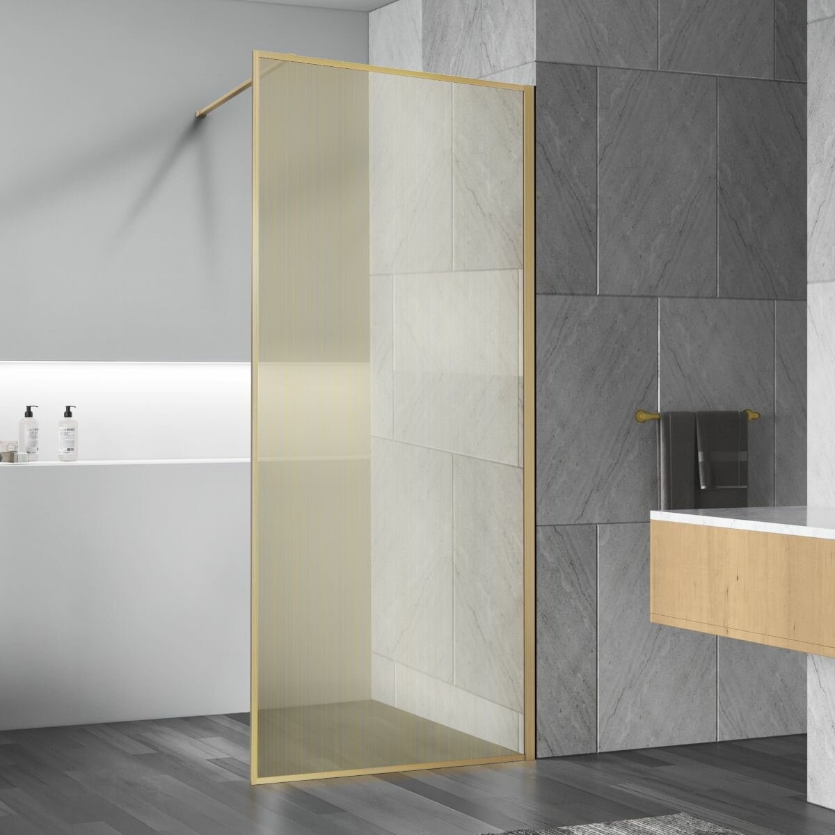 Душевая перегородка Vincea Волк-Ин (Walk-In) VSW-1HP900GWBG, 900*2000, брашированное золото, стекло лам. с золот. нит