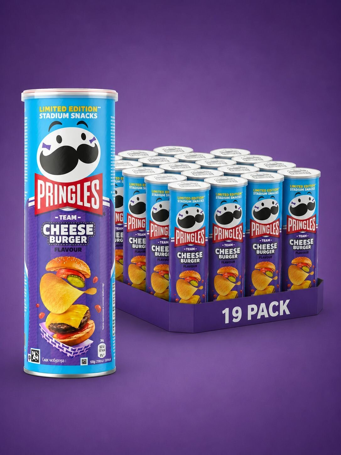 Картофельные чипсы "Pringles Cheeseburger", 165 г, 19 штук, в банке-тубе