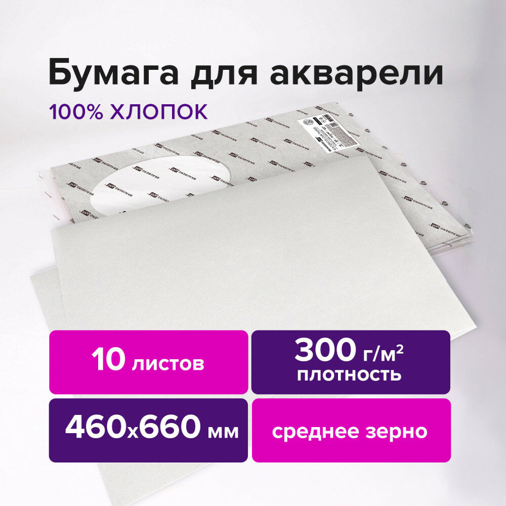 Бумага для акварели хлопок 100%, 300 г/м2, 460x660 мм, среднее зерно, 10 листов, BRAUBERG ART, "PREMIERE", 113231, 1 шт