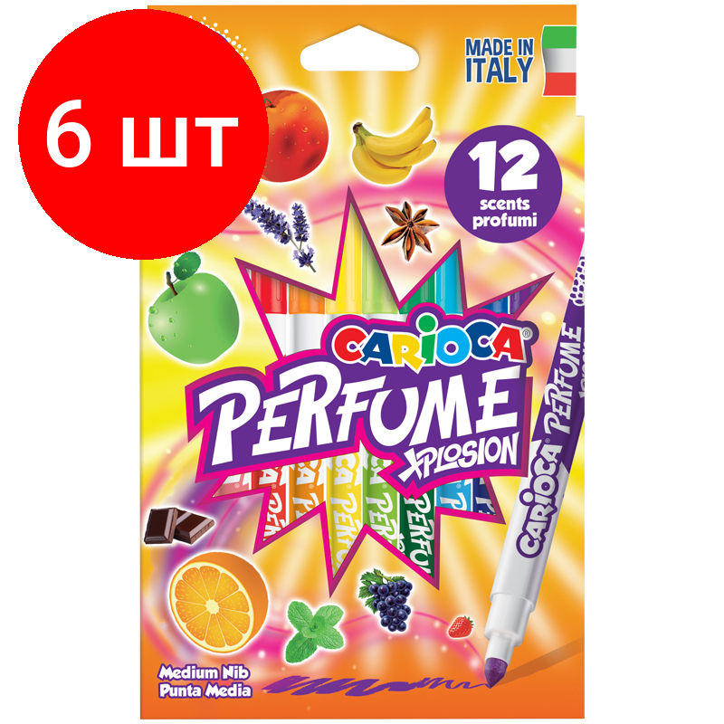 Комплект 6 шт, Фломастеры Carioca "Perfume Xplosion", 12цв, ароматизированные, смываемые, картон, европодвес