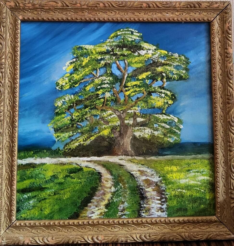 Картина в раме. Миляева Нина "Дуб у дороги", холст, масло, 30x30. Авторская живопись.