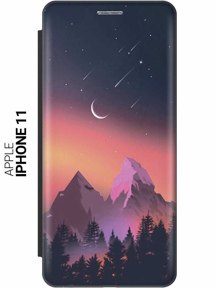 Чехол-книжка на Apple iPhone 11 / Эпл Айфон 11 с рисунком "Горы и звездопад" черный