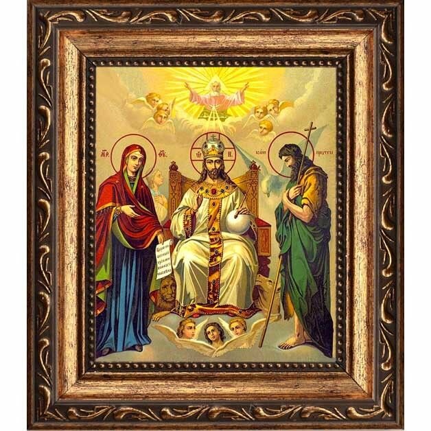 Спаситель на троне с предстоящими. Икона на холсте. (10 х 12 см / В раме)