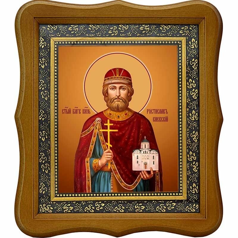 Ростислав (в Крещении Михаил) Мстиславич Киевский, Смоленский благоверный князь. Икона на холсте. (15 х 18 см / В фигурном киоте)