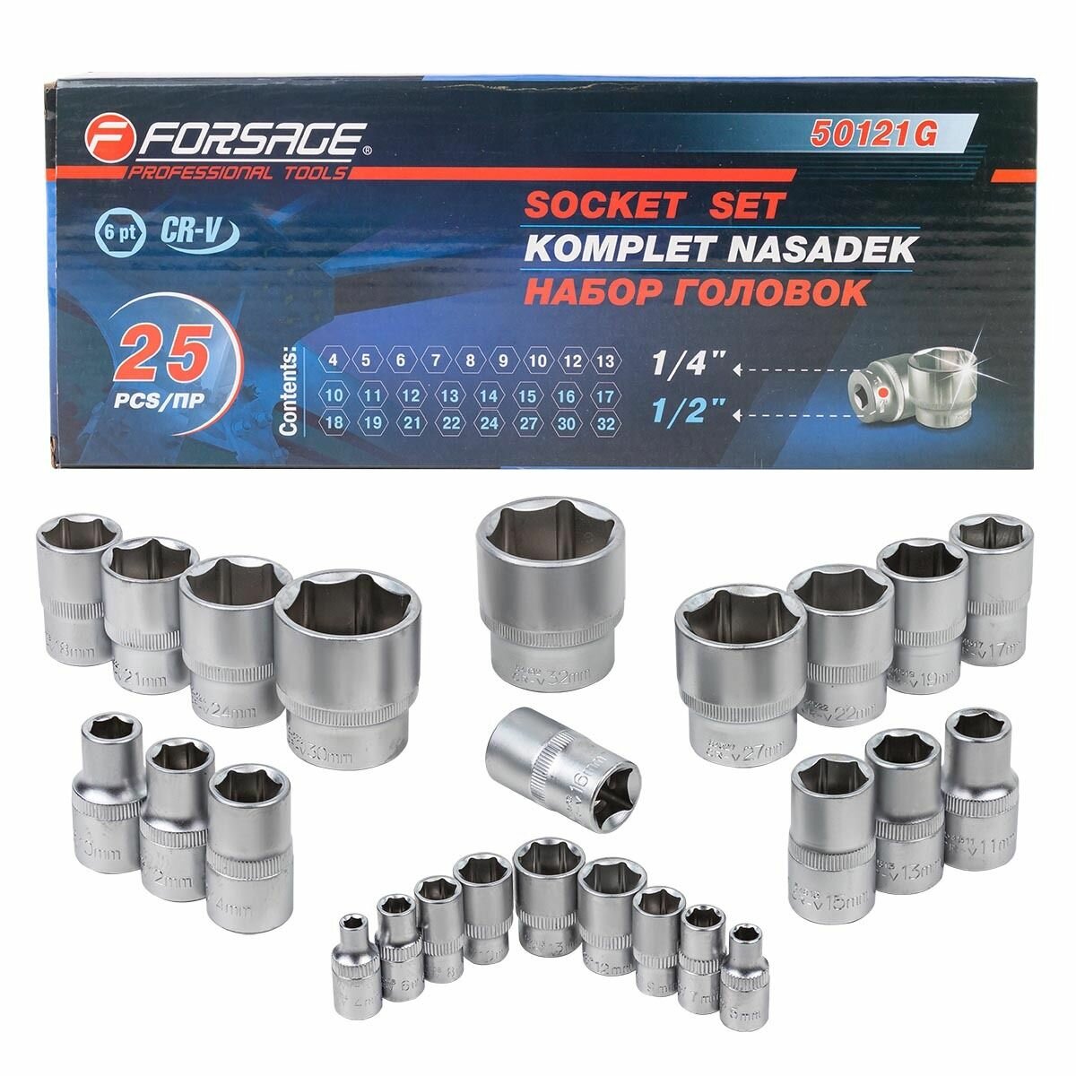 Головки 1/4', 1/2', набор 25пр. (6гр.) Forsage F-50121G