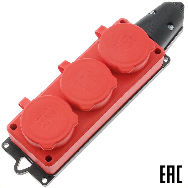 Блок UNIVersal 3073 3 розетки евро кабельный с крышками резиновый красный IP44