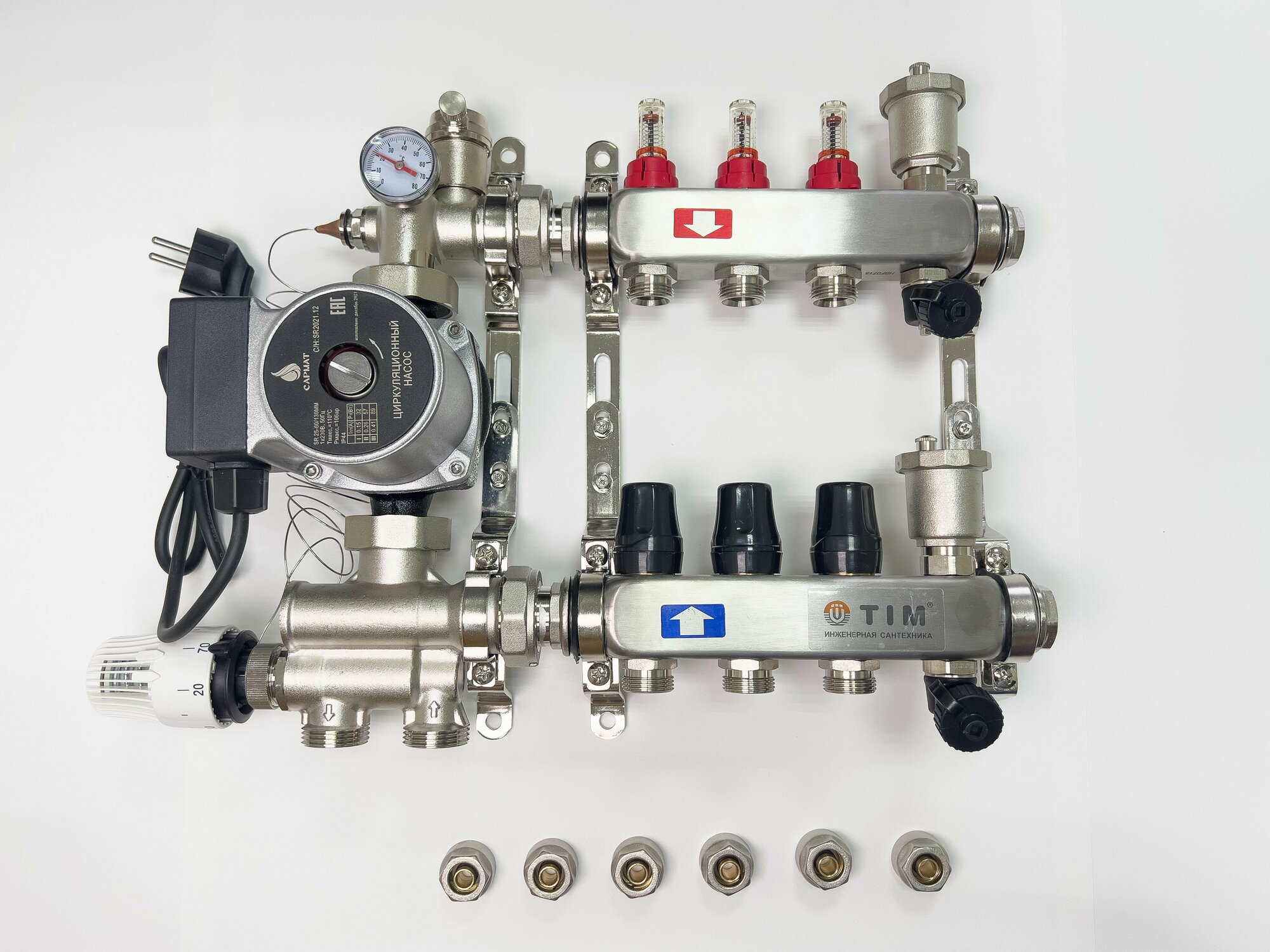 Комплект для водяного теплого пола: Коллектор 3 выхода с расходомерами + смесительный узел + циркуляционный насос 25-40 + евроконусы (до 50 кв. м)