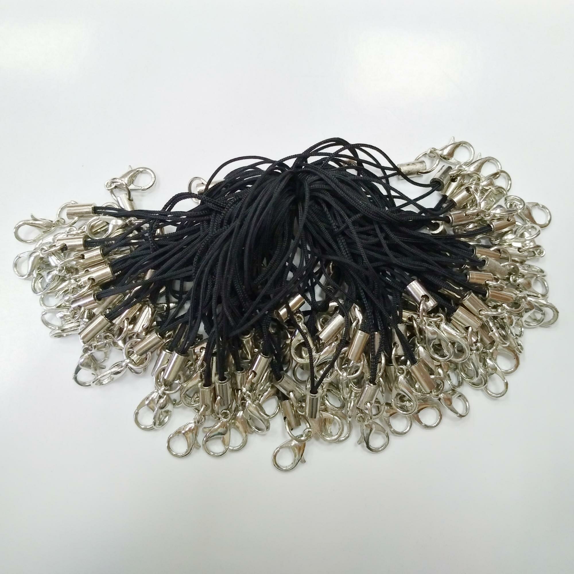 Основа для подвески на телефон с карабином, 65-70мм, черный шнур, базовый материал - латунь, стальная фурнитура, 10 шт.