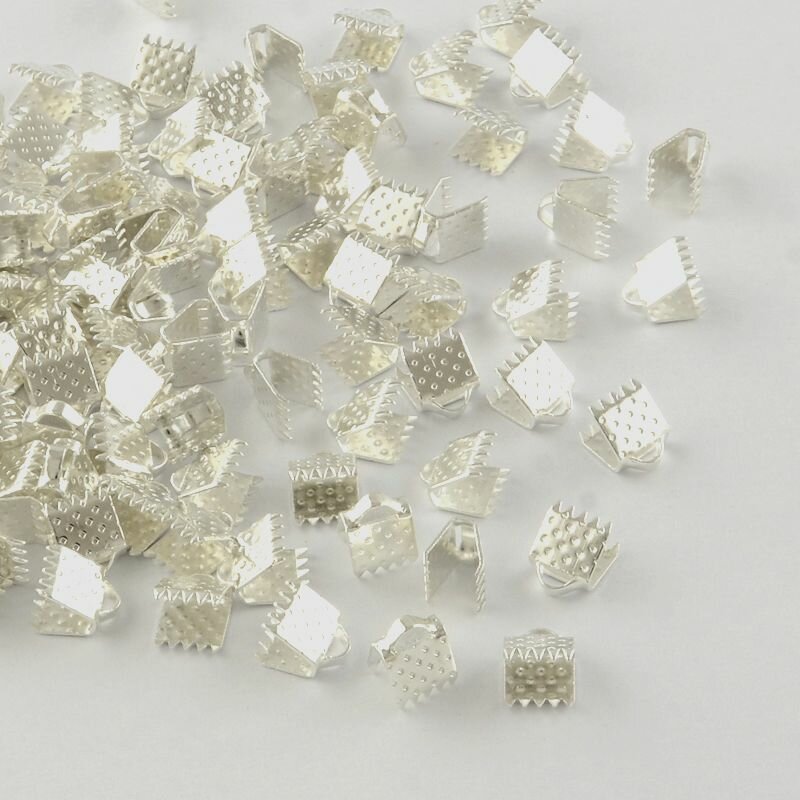 Концевики, 7х6мм (ширина 6мм), зажимы для ленты, текстурированные, базовый материал - железо, серебристого цвета, 5 грамм