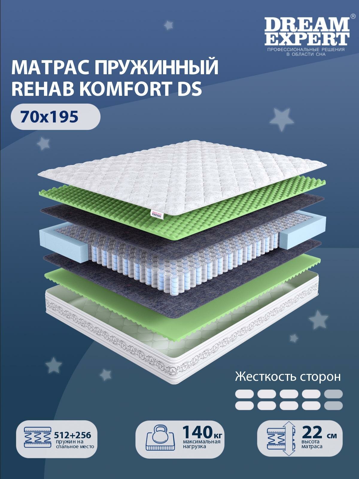 Матрас DreamExpert Rehab Komfort DS выше средней жесткости, детский, независимый пружинный блок, на кровать 70x195