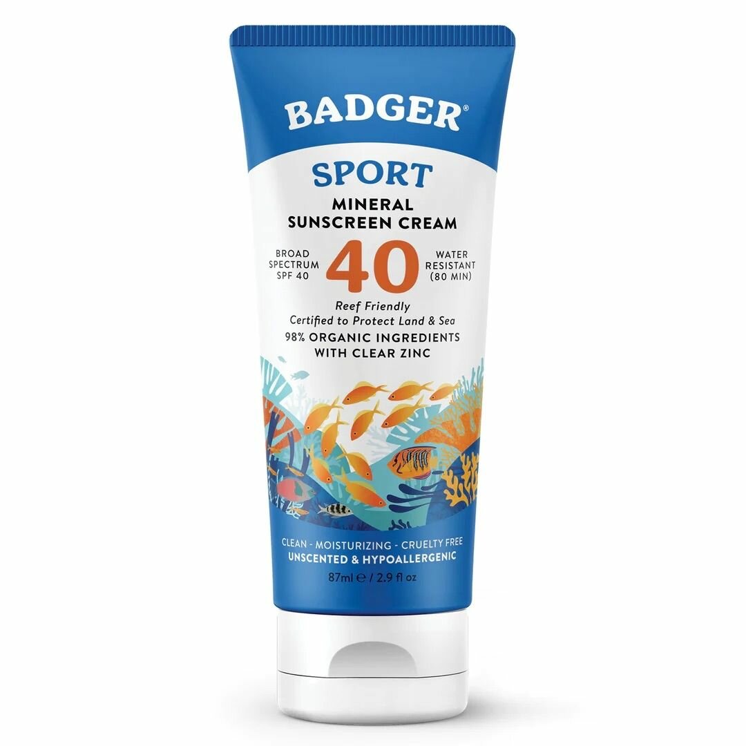 Badger, солнцезащитный крем SPF 40, Sport Mineral Sunscreen Cream, 87 мл
