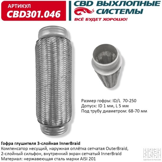 Гофра глушителя 3-слойная Cbd InnerBraid 70-250, 301.046