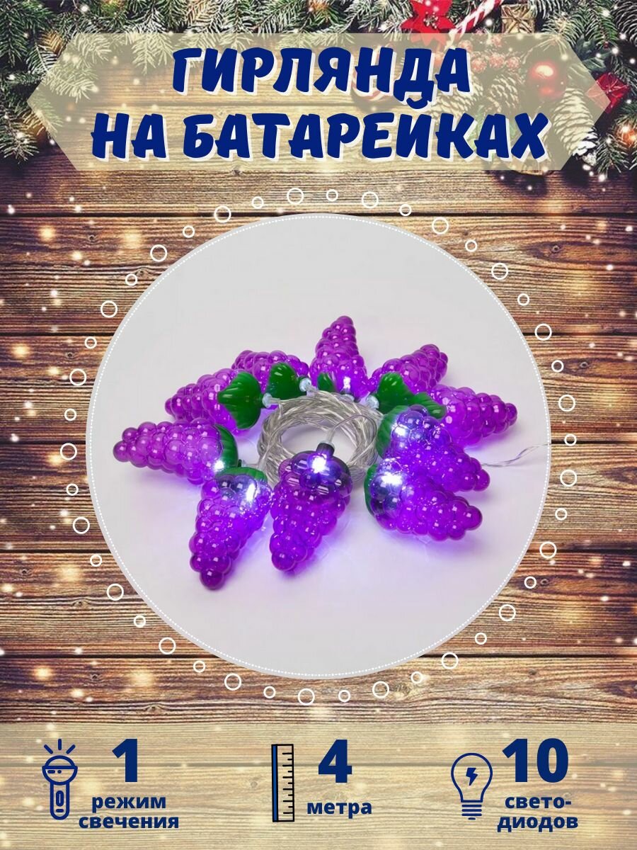 Гирлянда светодиодная на батарейках, Виноград 4 м