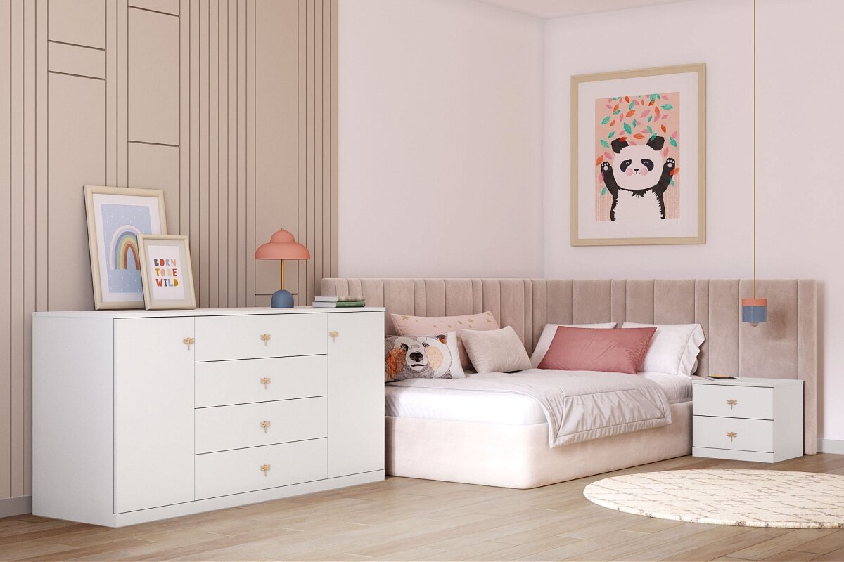 Детская стенка МебельЛэнд24 Стрекоза Mini - 7 Белый 205x52x80 с тумбой с комодом