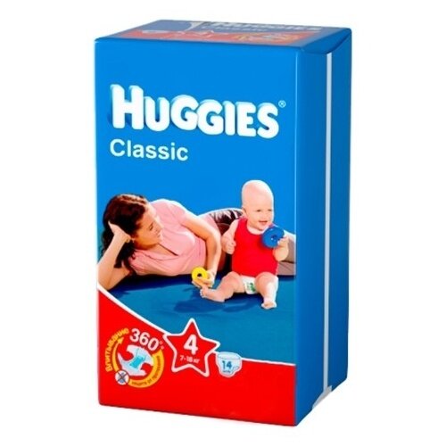 Подгузники детские Huggies Classic, Soft&Dry Дышащие 4 размер, 7-18 кг, 14 шт (9402670)