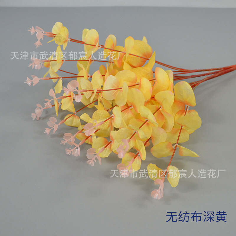 Оптовая продажа имитационных эвкалиптов для свадебных украшений зеленый растение 4 вилки 16 головок эвкалипт с цветами имитационные растения без имитационного ткани темно-желтый эвкалипт