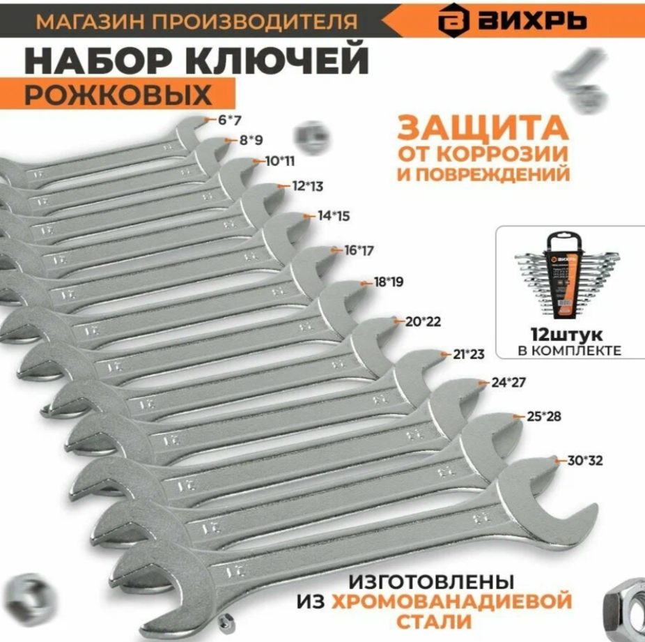 Набор гаечных ключей вихрь 73/6/5/5, 12 предм, хром, 1 уп.