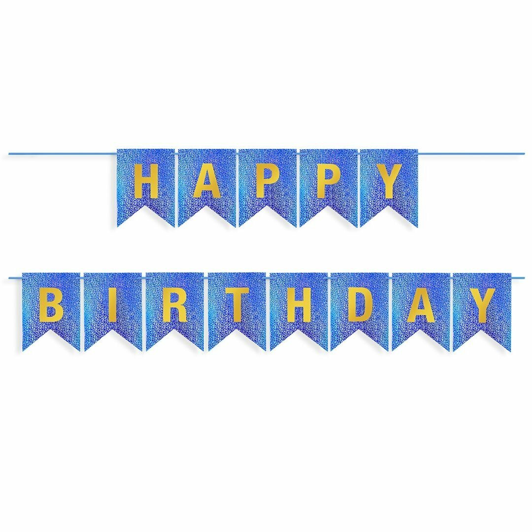 Гирлянда Флажки, Happy Birthday, Королевский синий/Золото, Голография, 350 см, 17*12 см, 1 упак.