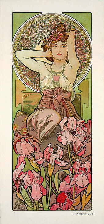 "Драгоценные камни. Аметист", Муха Альфонс, картина для интерьера (репродукция) (30х64 см / на подрамнике)