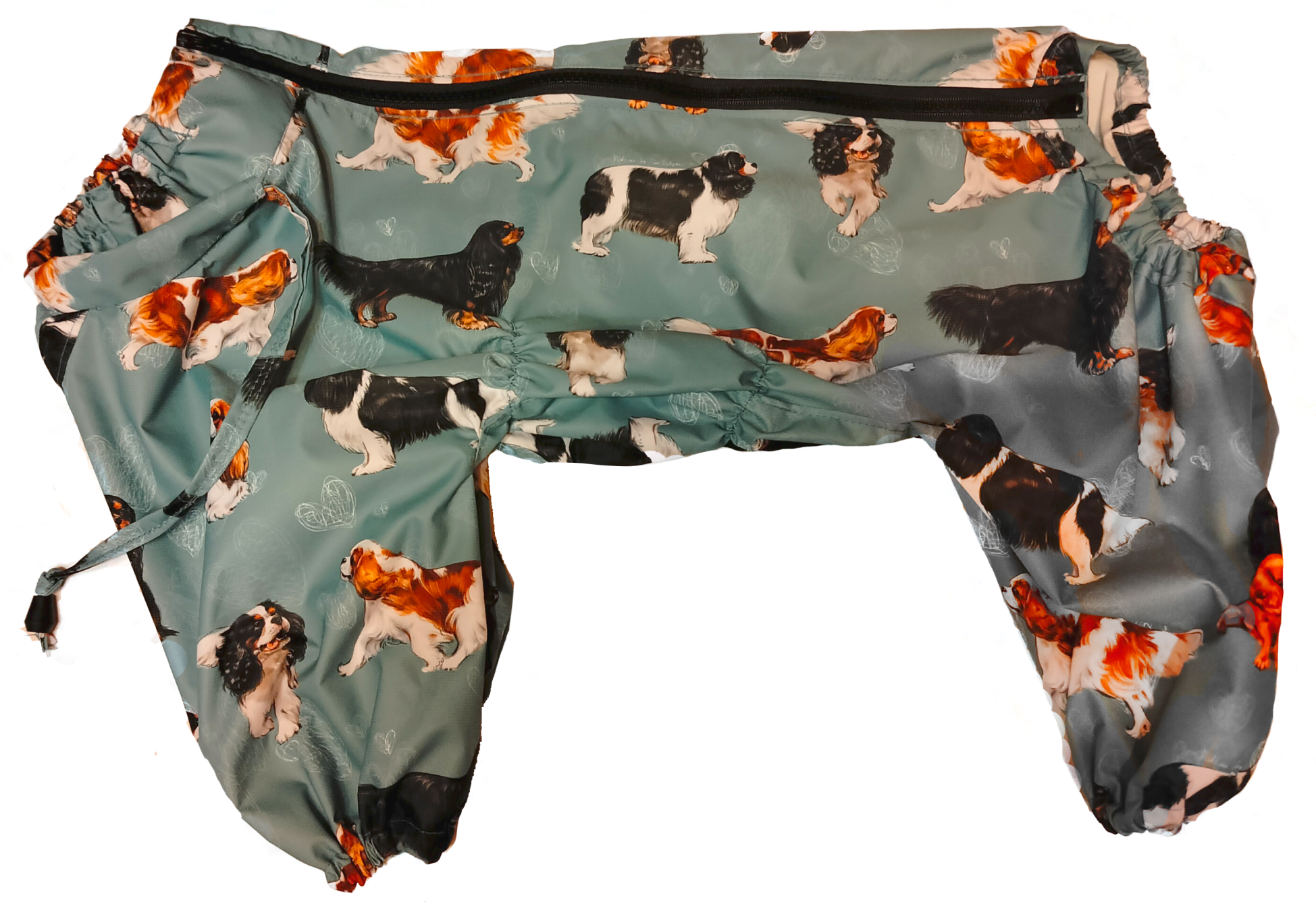 Комбинезон-дождевик для КАВАЛЕР-КИНГ-ЧАРЛЬЗА-СПАНИЕЛЯ кобеля, мембрана, дизайнерский принт, цвет Кавалеры (изумруд)