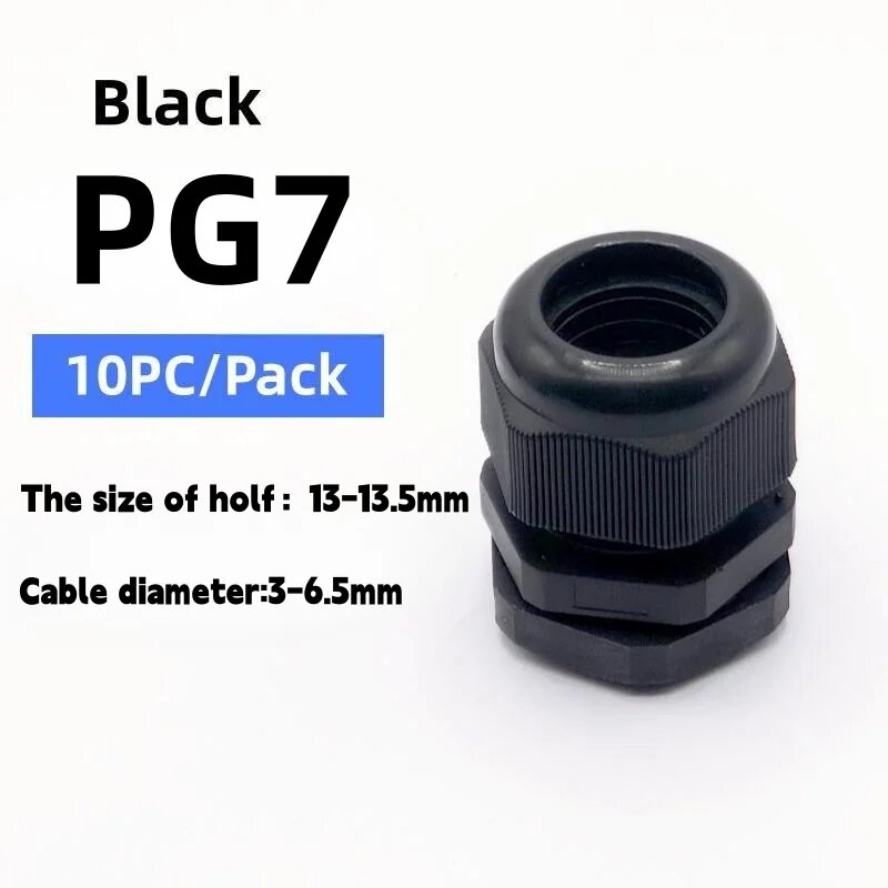 Водонепроницаемые кабельные сальники PG7 10 шт, белый/черный, нейлон PG7 Black
