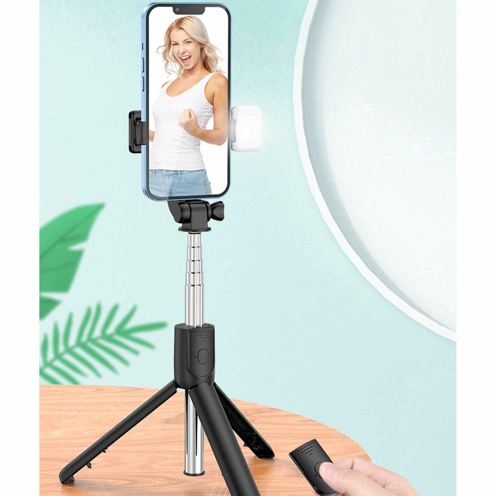 Блютуз селфи-палка с пультом и штативом для съемки: нержавеющая складная портативная палка для селфи и стримов со встроенным аккумулятором