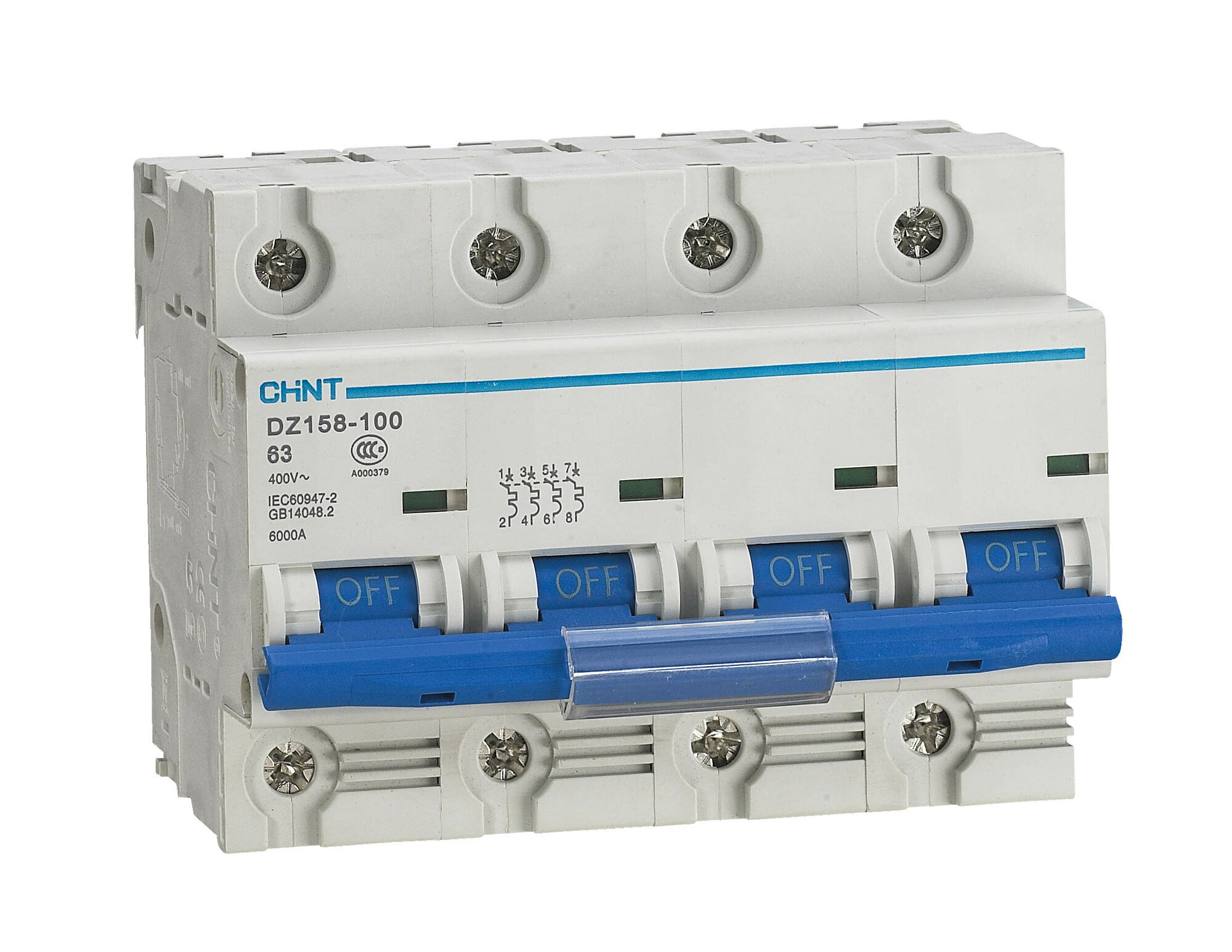 Автоматический выключатель (DIN-рейка) Chint DZ158-125H 4P, 100 А, 8–12 In тип, A кат, 10 кА [158096]