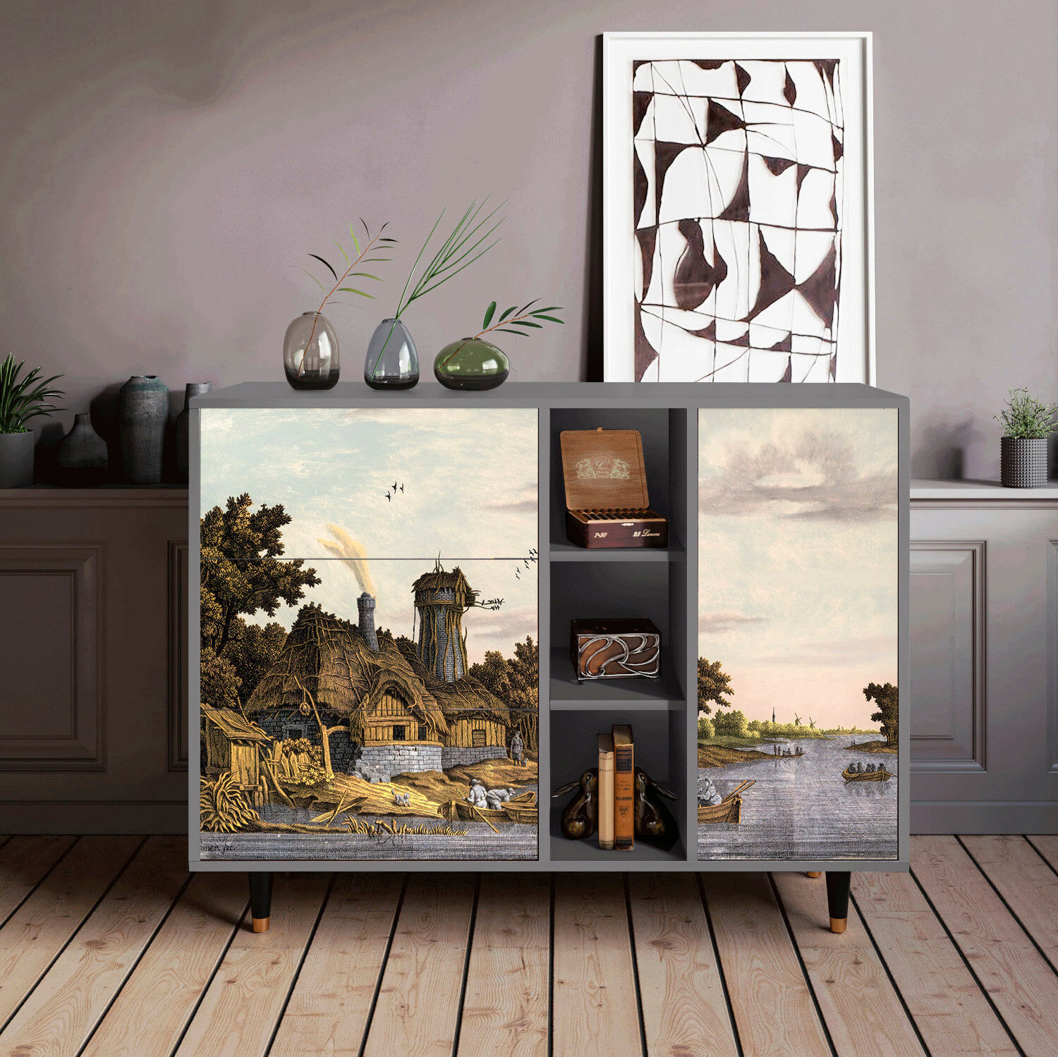 Комод - STORYZ - BS2 Mill along a River by Jonas Zeuner, Разер - 125 x 97 x 48 см , Цвет корпуса - Серый