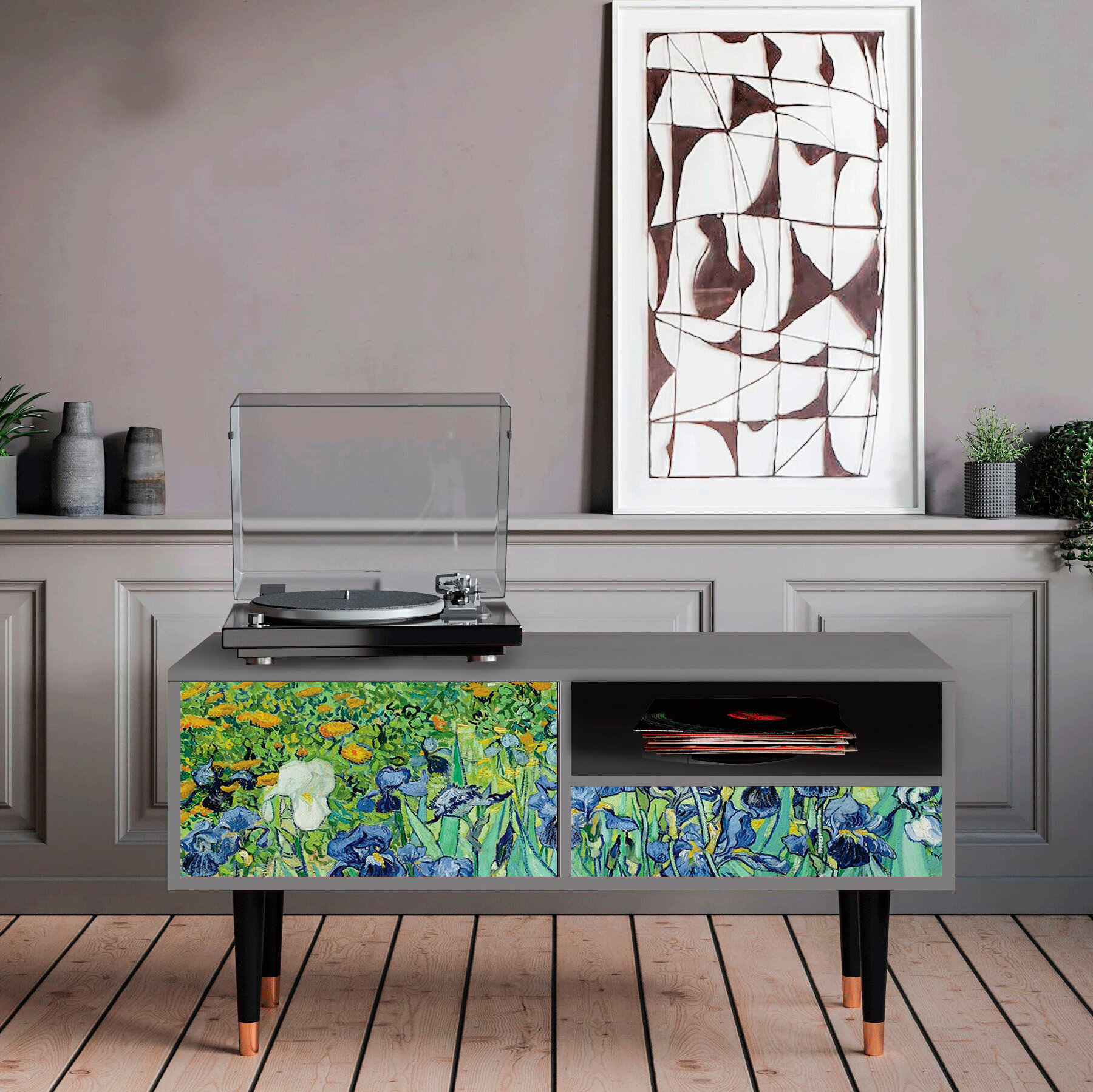 ТВ-Тумба - STORYZ - T3 Irises by Vincent van Gogh, Размер - 115 x 59 x 48 см, Цвет корпуса - , Серый