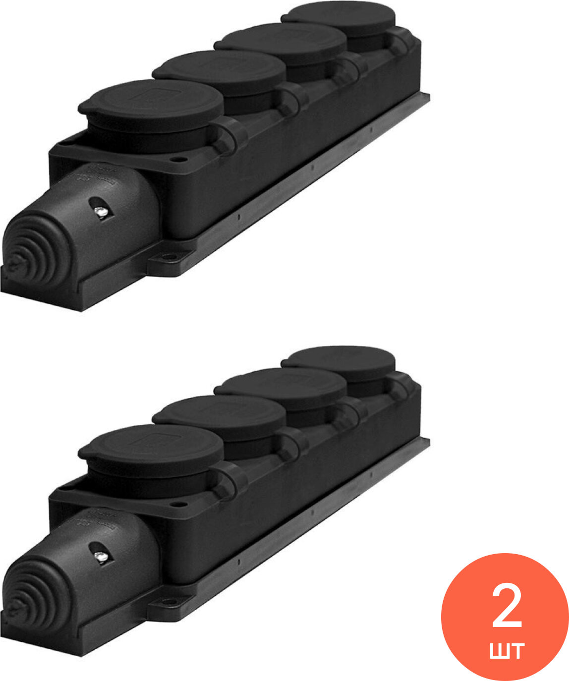 Блок розеток UNIVersal / Юниверсал Компакт 4 гнезда с заземлением и заглушками, однофазный, 16А IP44, каучук черный 602231 / колодка электрическая для удлинителя (комплект из 2 шт)