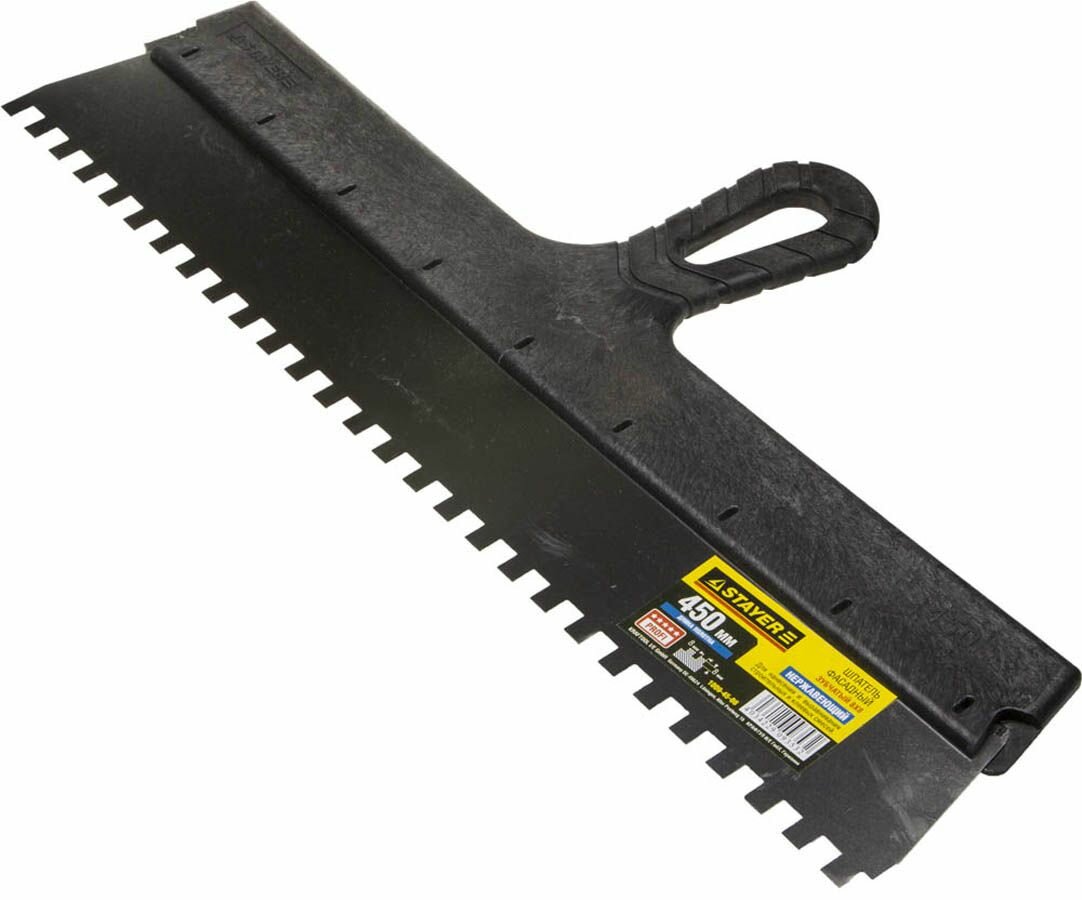 STAYER 450 мм, нержавеющая полотно, пластмассовая рукоятка, шпатель зубчатый