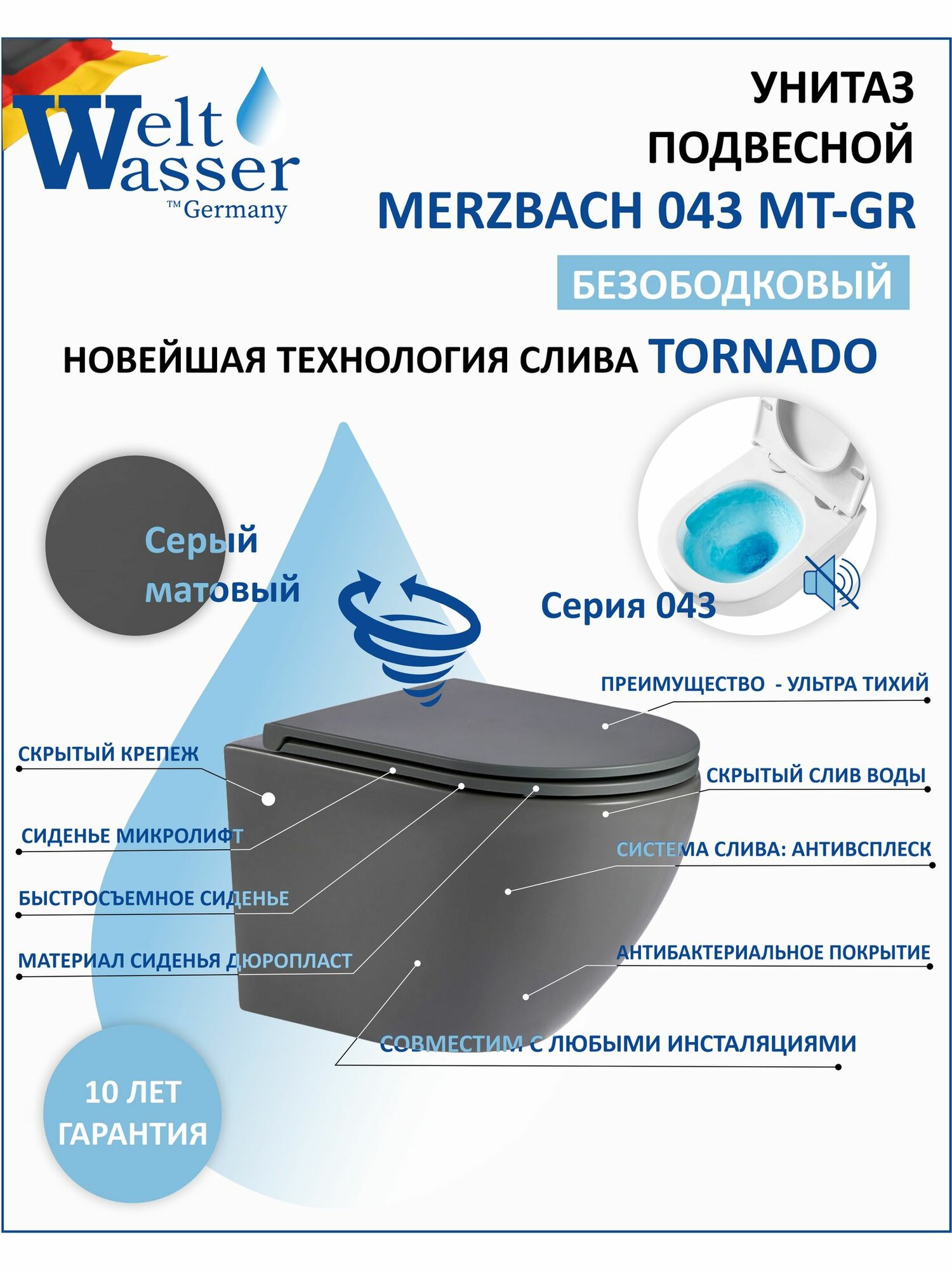 Подвесной унитаз WeltWasser MERZBACH 043 MT-GR (37х49х36), серый, безободковый, микролифт, торнадо