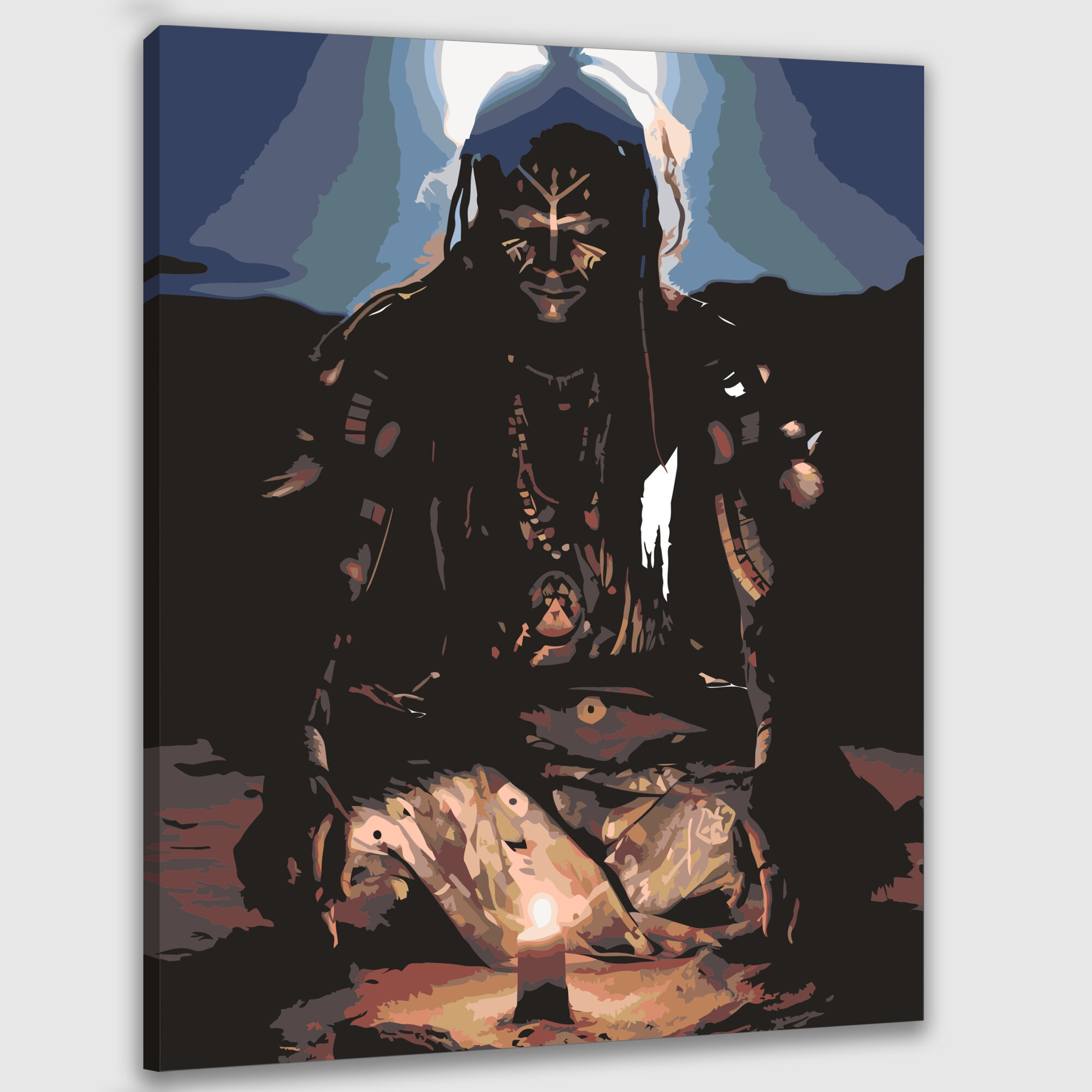 Картина по номерам 40x50 см, шаманы, транс, татуировки, перья, молитвенный ритуал, полная луна, пустынный пейзаж