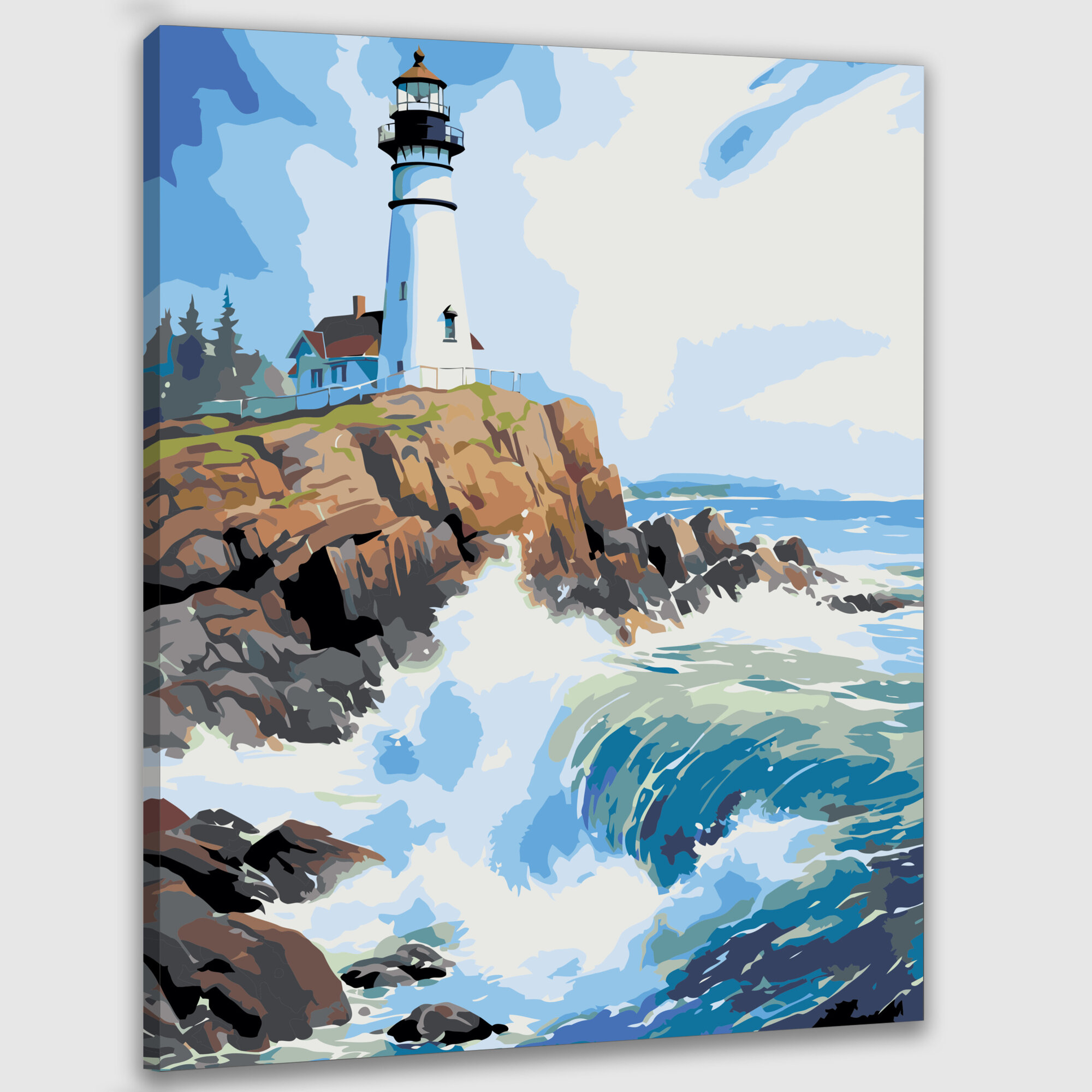 Картина по номерам 40x50 см, маяк, скалистый утес, синее море, волны, берег, пейзаж, спокойствие, красота