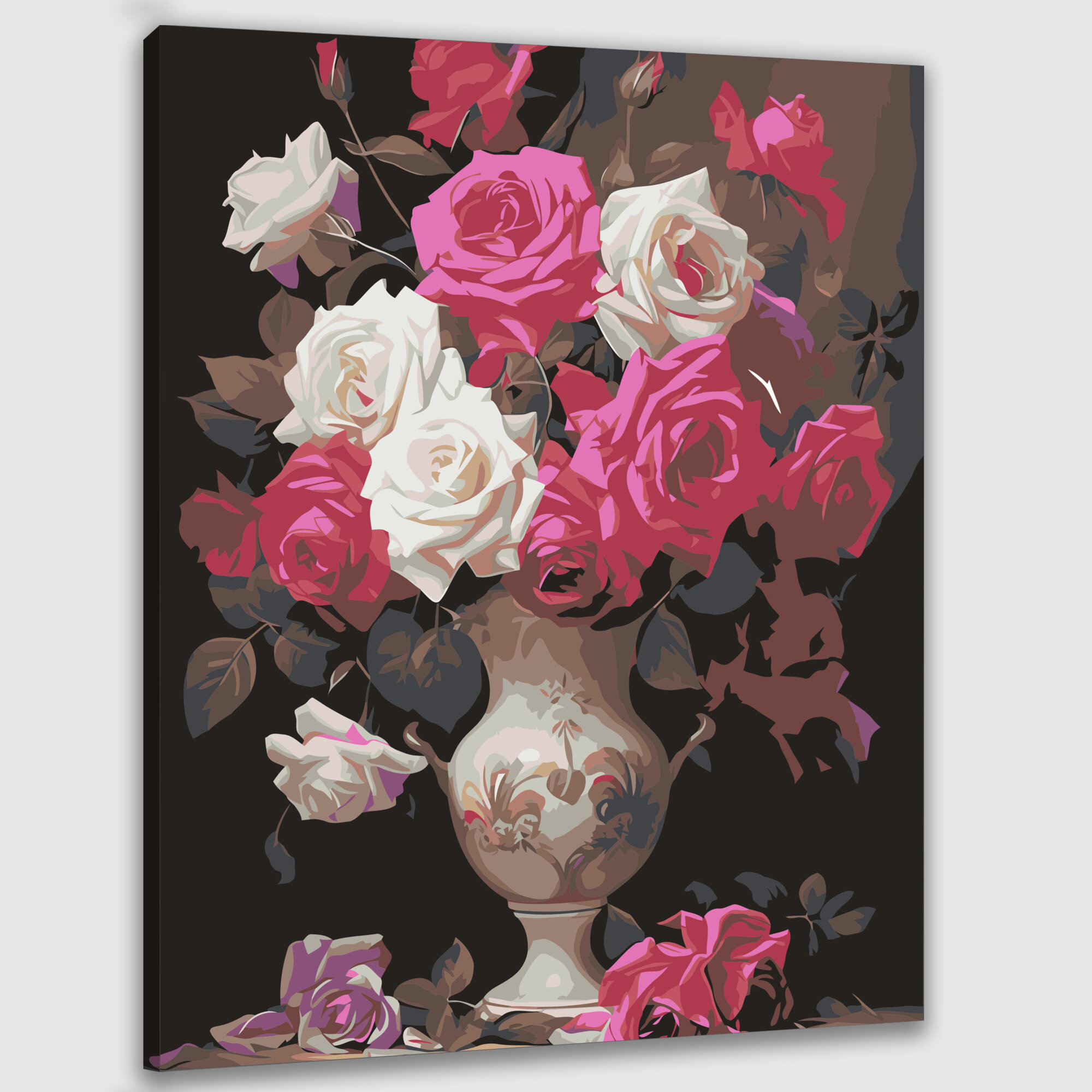 Картина по номерам 40x50 см, букет роз, винтажная ваза, красные лепестки, розовые лепестки, белые лепестки