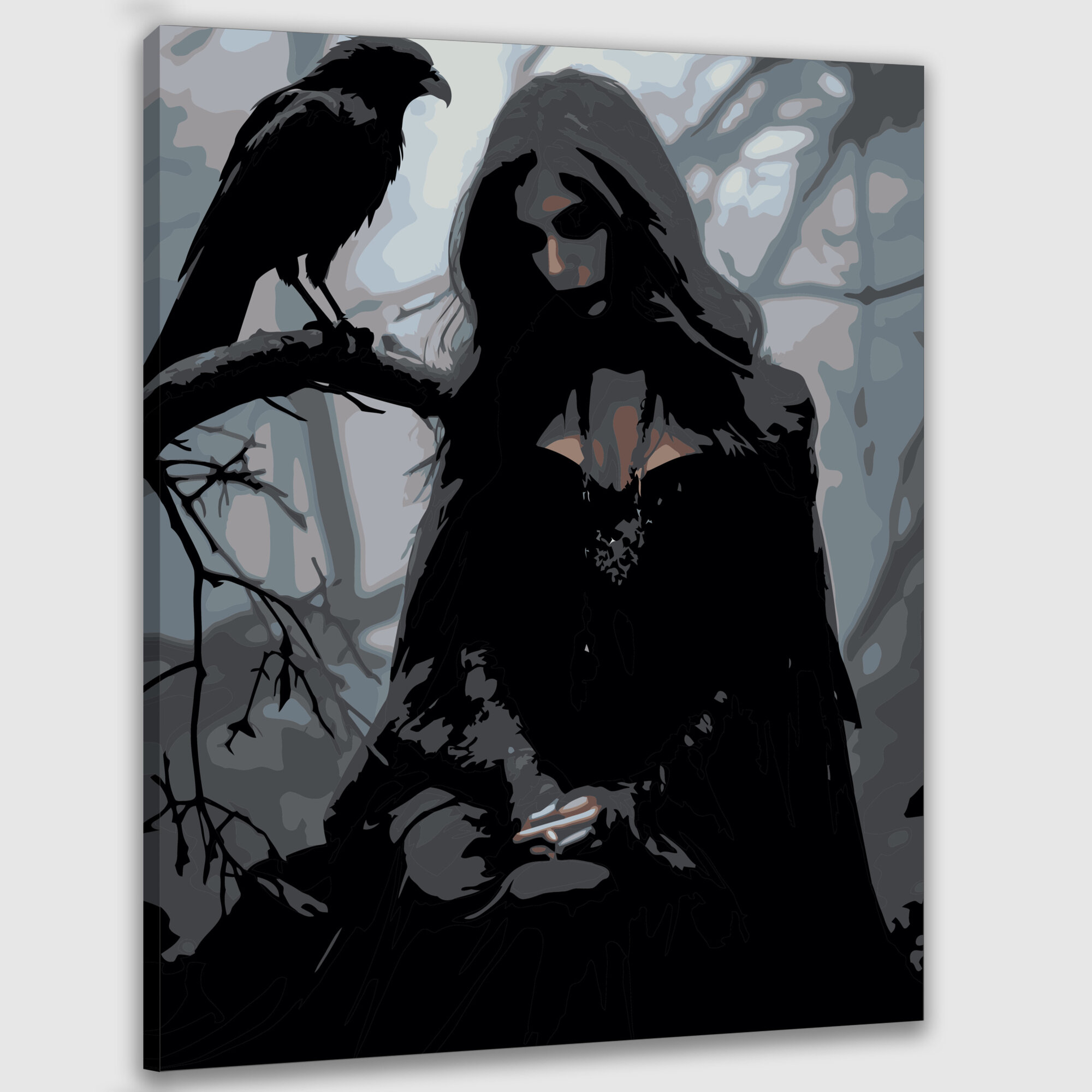 Картина по номерам 40x50 см, ведьма, ворон, туманный лес, рассвет, черное платье, потусторонний взгляд, f, 1