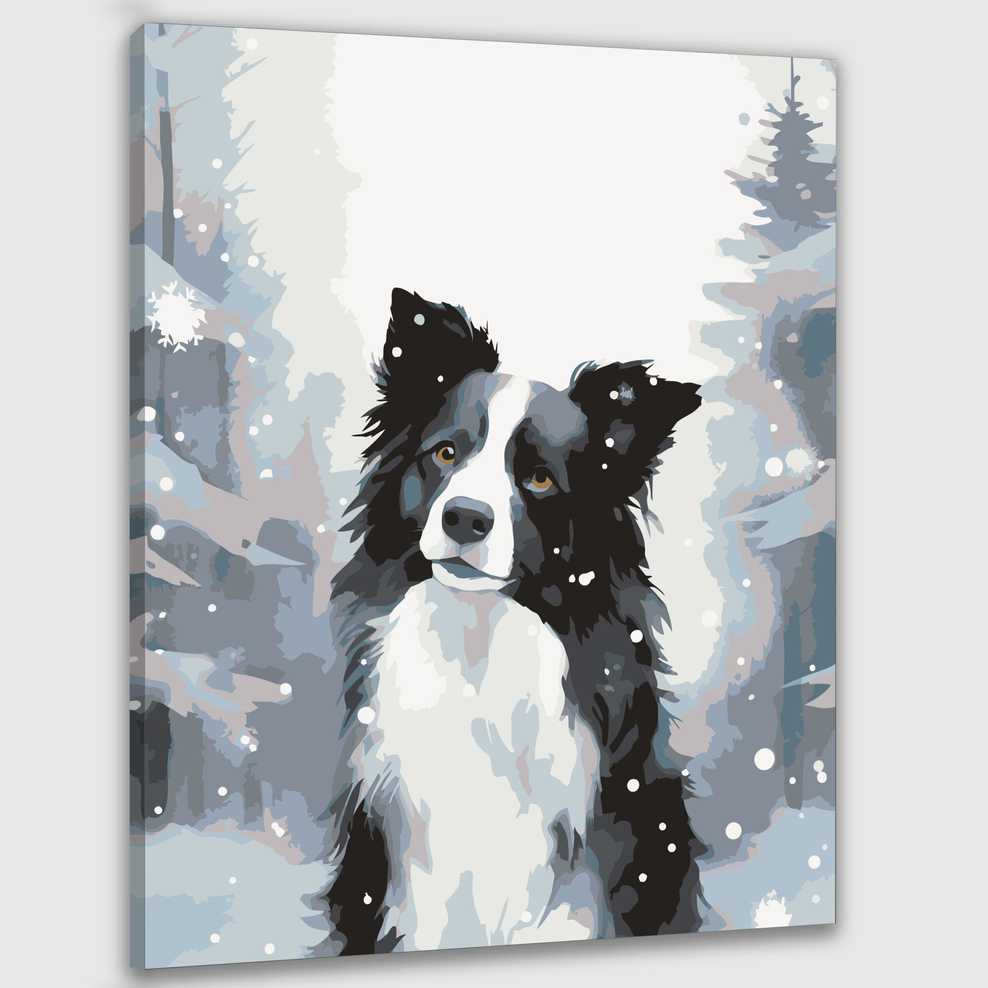 Картина по номерам 40x50 см, акварельная иллюстрация, бордер-колли, зимний лес, пушистая шерстка, снежинки