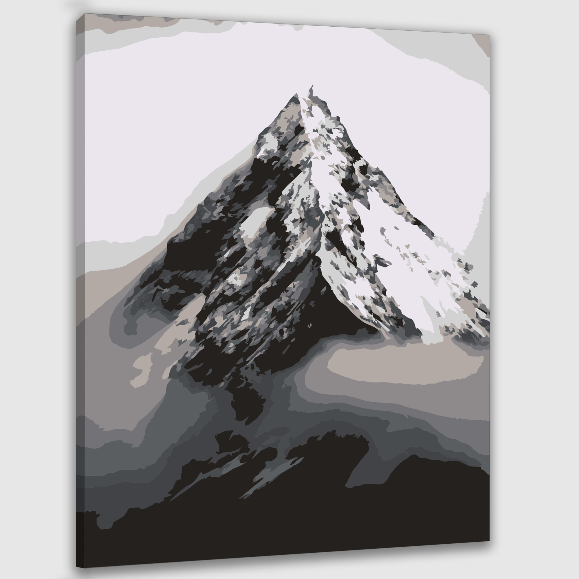 Картина по номерам 40x50 см, черно-белая фотография, горная вершина, рассвет, туман, море облаков, таинственность