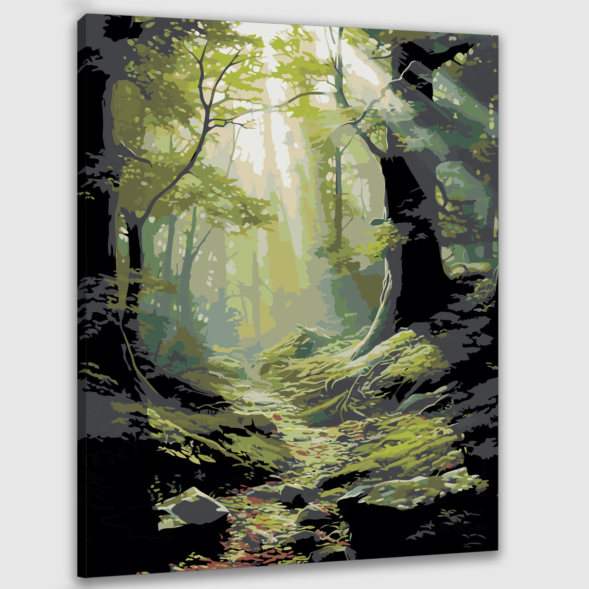 Картина по номерам 40x50 см, картина, масло, лес, свет, листья, волшебная игра света, тени, земля, мох, дикая природа