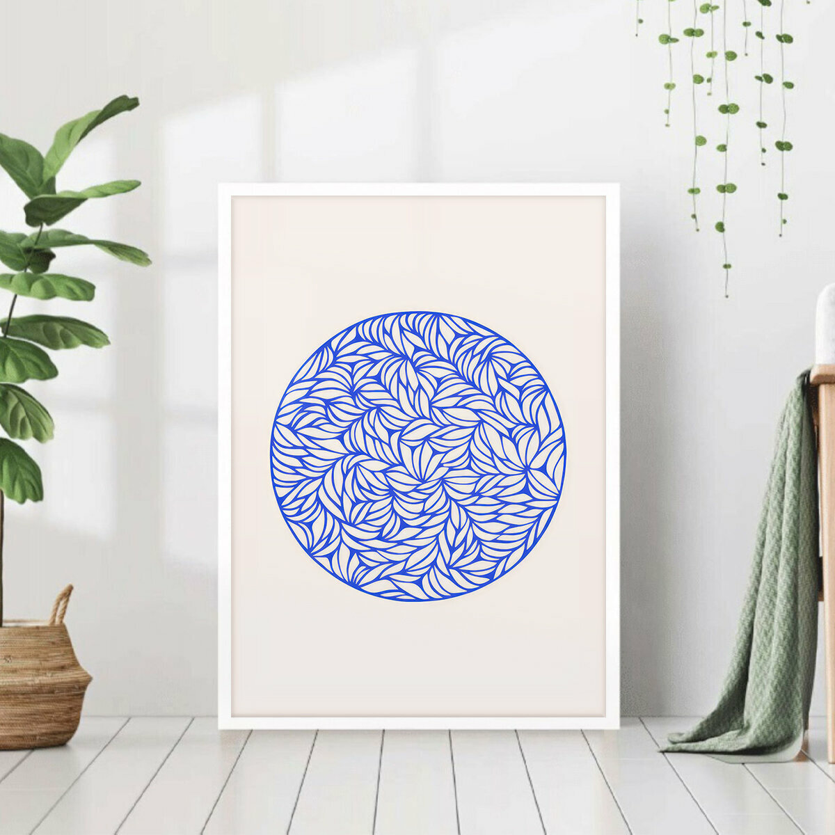Постер "Синий узор в круге" 40x50 в белой рамке на стену для интерьера