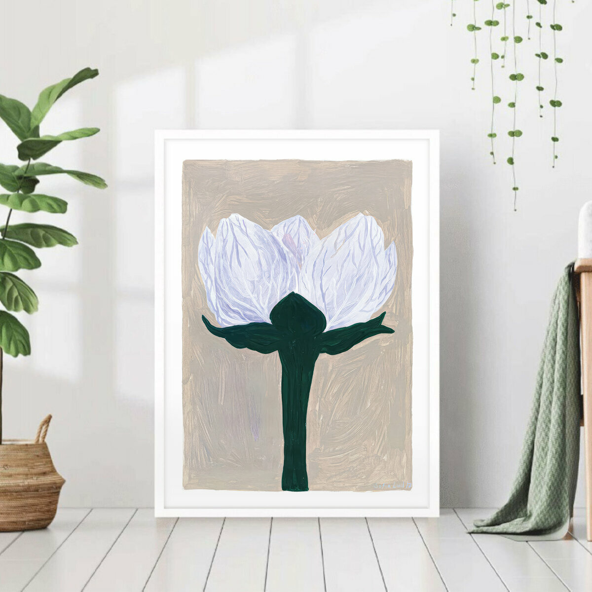 Постер "Белый цветок мазками" в белой рамке 50x70 см для интерьера на стену