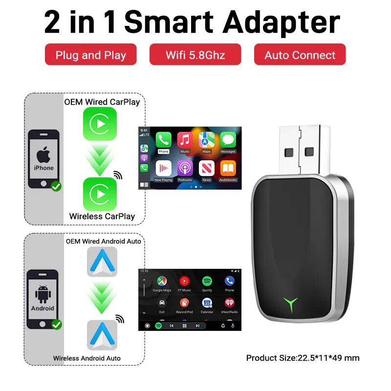 2025 Новый мини-адаптер Wired to Wireless CarPlay 2 в 1 Android Auto Smart Box Plug and Play Автоматическое подключение Обновление OTA Универсальное new mini carplay