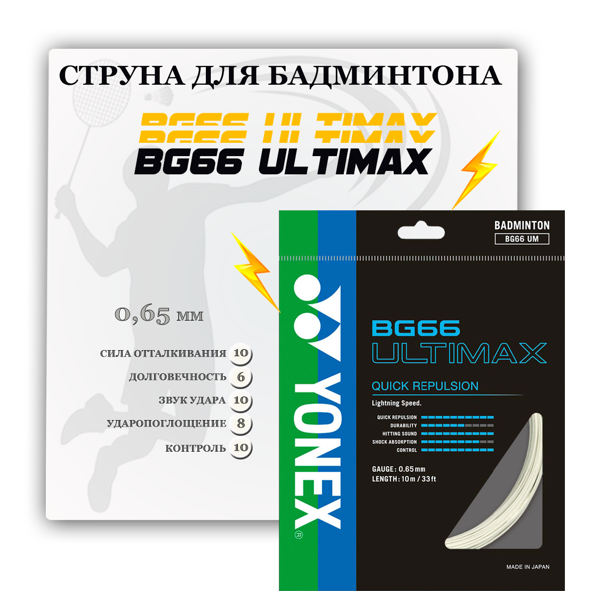Струна YONEX BG66 ULTIMAX, для бадминтона, белая, длина 10 м, ширина 0,65 мм, 1шт