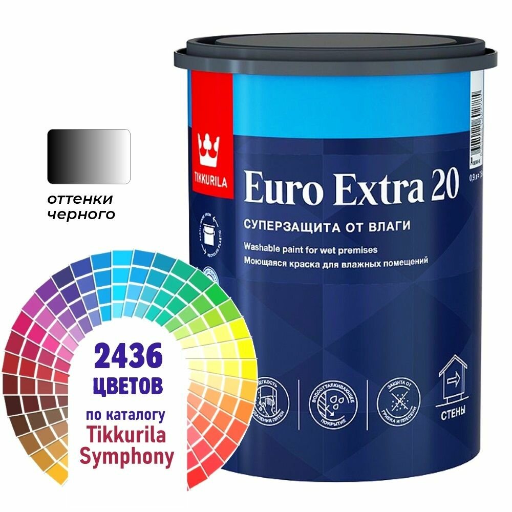 Краска моющаяся для влажных помещений Tikkurila Euro Extra 20 0,9л. оттенки черного X502