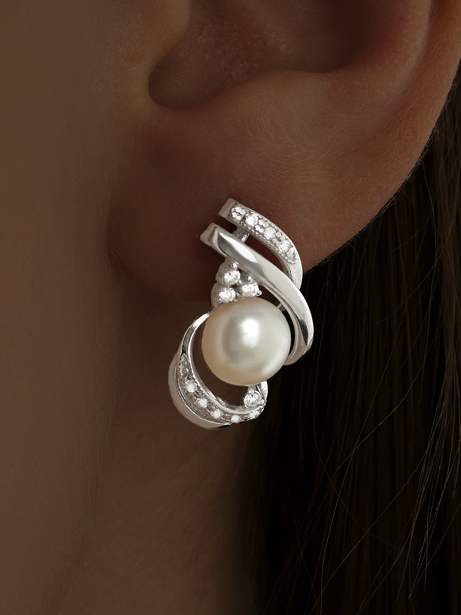 Серьги, серебро, 925 проба, родирование, жемчуг, фианит