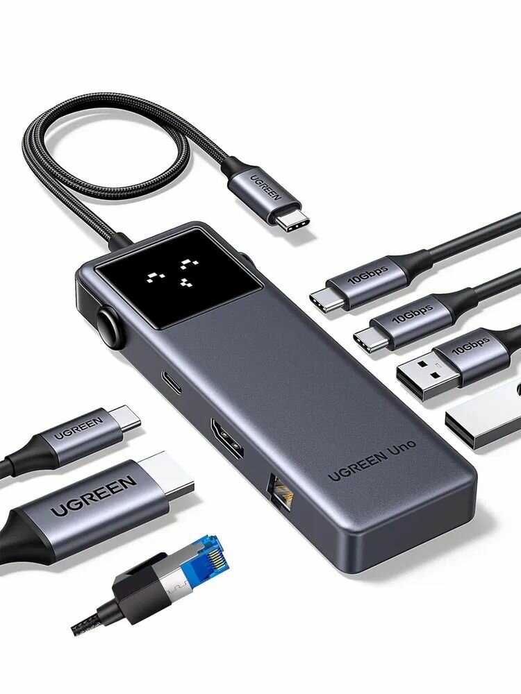 Хаб UGREEN CM888 (45155) UNO 7-in-1 4K@60Hz USB-C+3*USB-A+Ethernet+PD 100W+HDMI Hub. Цвет: серый.
